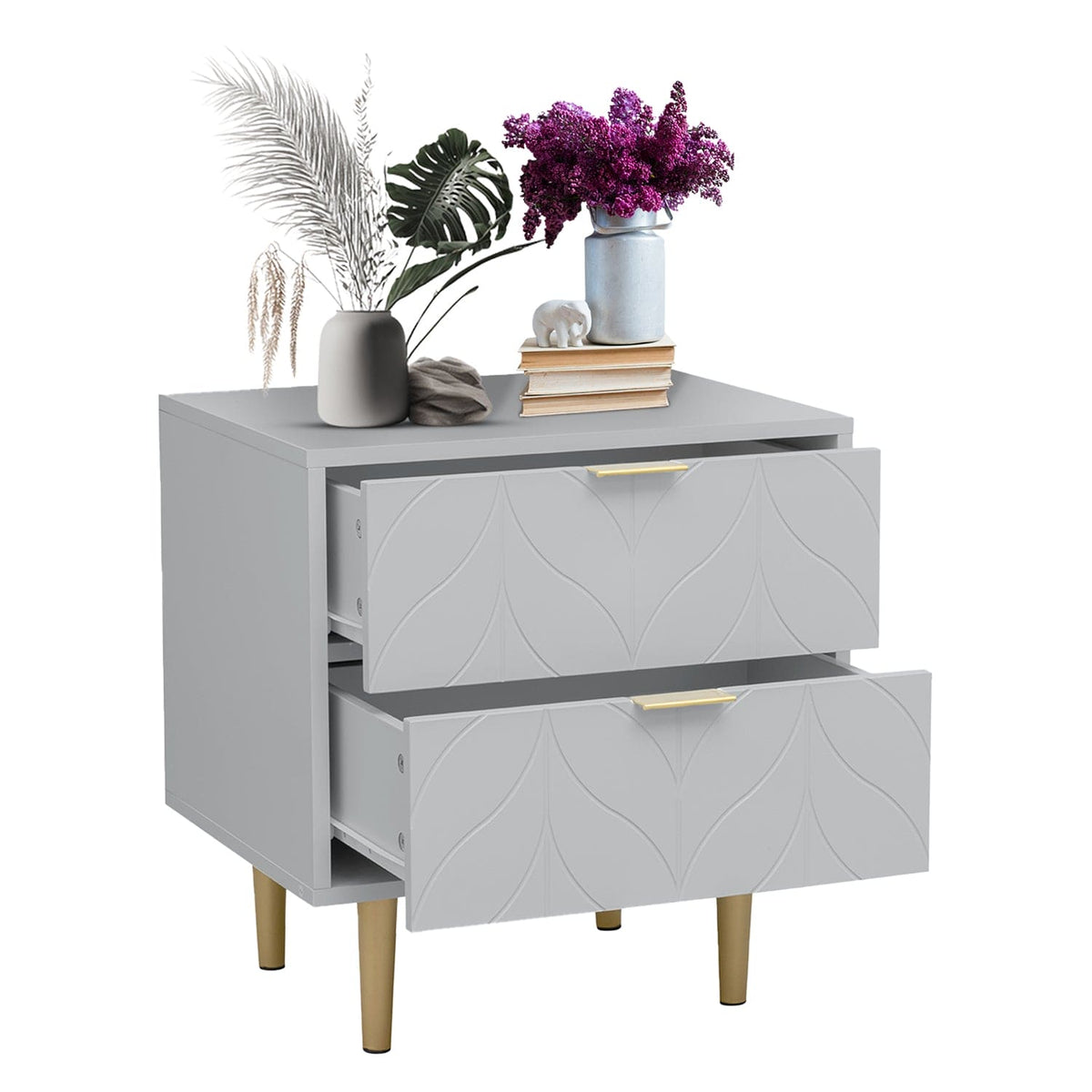 Grey Bedside Table with Brass Legs – Carved Drawer Fronts | Elegant 2 ...