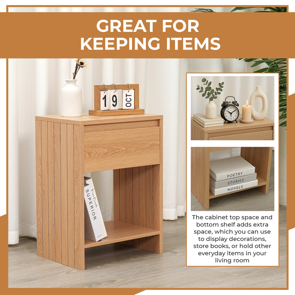 Compact Bedside Table with Drawer - Solid Wood Bedside Cabinet with ...